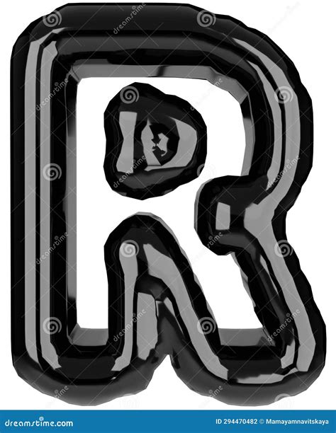 Glossy Inflated Black Color Letter R Uppercase Illustration 3d Render