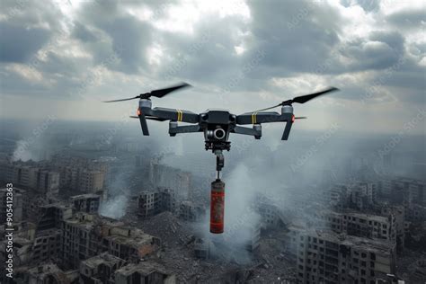 Loitering Munition Uav Drone With Explosive Flying Over Ruined City At