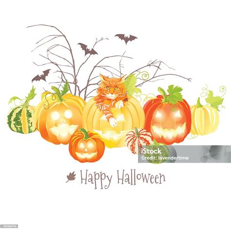 할로윈 디자인식 세트 Pumpkins 자본가 뱃츠 및 헐벗은 가지 10월에 대한 스톡 벡터 아트 및 기타 이미지 10월