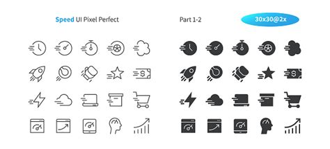속도 Ui 픽셀 완벽 한 잘 만들어진 벡터 얇은 선 및 고체 아이콘 30 2 그리드 웹 그래픽 및 애플 리 케이 션에 대 한 X