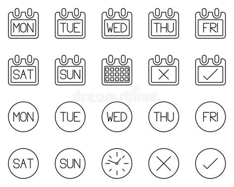 Days Of The Week Icons Black And White Thin Line Set Big Stock Vector