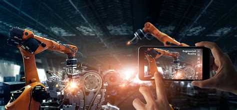증강 현실 산업 개념입니다 손 잡고 모바일 스마트폰 모니터링 시스템 소프트웨어와 지능형 공장 자동차 산업에서 용접 로봇 자동 팔 기계를 확인 하 고 제어 하는 Ar 응용