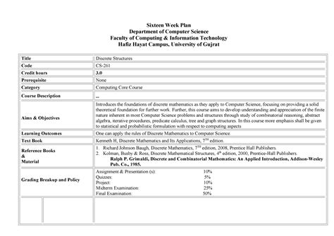 Cs 261 Discrete Structure Course Outline Sixteen Week Plan Department