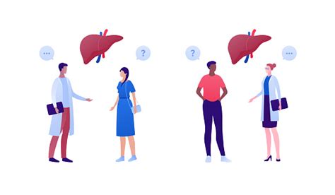 간 질환 진단 및 치료 개념 벡터 플랫 피플 일러스트레이션 다민족 남성과 여성 캐릭터 환자 및 의사 상담 건강 관리를 위한 디자인 간 내부 기관에 대한 스톡 벡터 아트 및