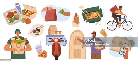 테이크아웃 음식 배달 서비스가 있는 장면 세트 스쿠터와 자전거를 탄 피자 배달원 패스트 푸드 핫도그와 파스타 스시 제품 온라인