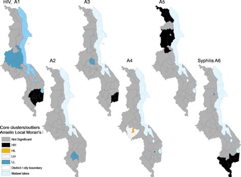 Distribution Of Core Spatial Clusters And Outliers Of Hiv Prevalence Download Scientific