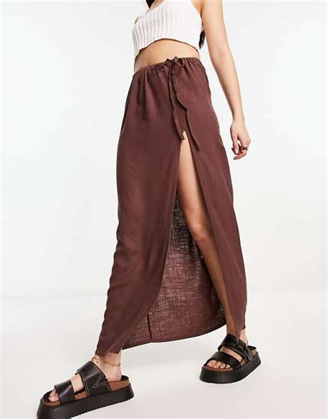 Asos Design Gonna Lunga In Lino Color Cioccolato Con Spacco Profondo