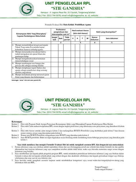 Formulir Evaluasi Diri Rpl Stie Ganesha 1 4 Pdf