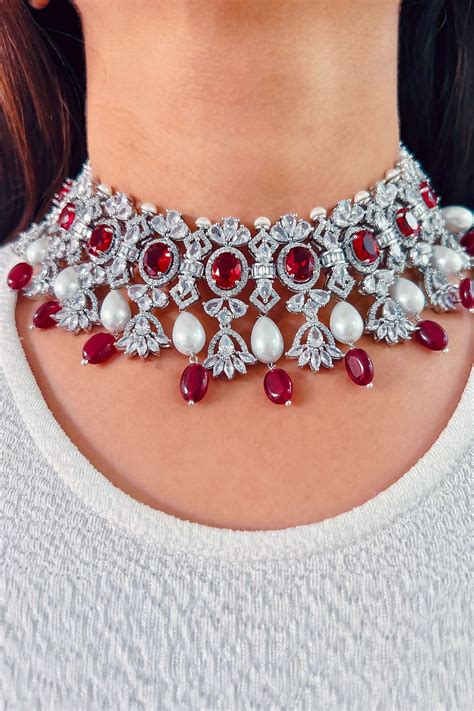 Buy Red Crystal Stones And Bead Embellished Vanessa Ruby Choker