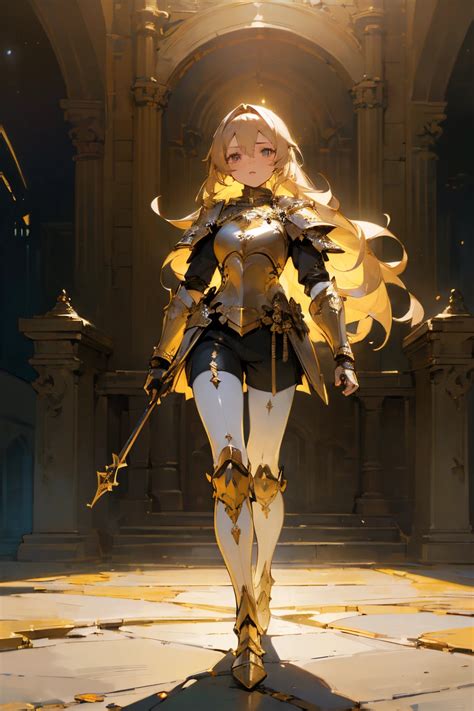 A Woman In A Gold Outfit Holding A Sword And A Sword Seaart Ai