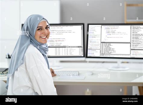 Programmer Woman Wearing Hijab Working Coding Business Software Stock