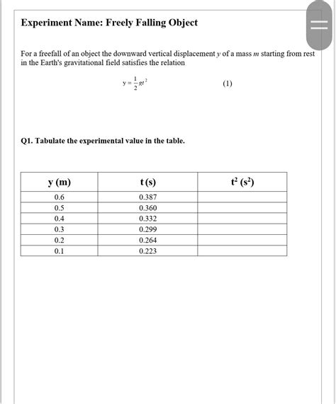 solved experiment name freely falling object for a