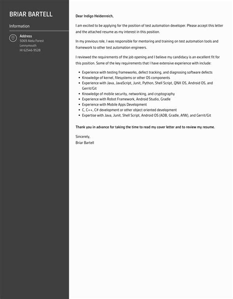 Test Automation Developer Cover Letter Velvet Jobs