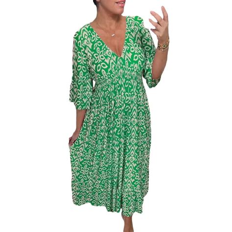 Frontwalk Ladies Swing Dresses 34 Sleeve Summer Beach Sundress V Neck