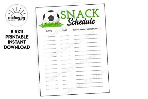 Printable Soccer Snack Schedule Sign Up Sheet Sign Template Digital 8