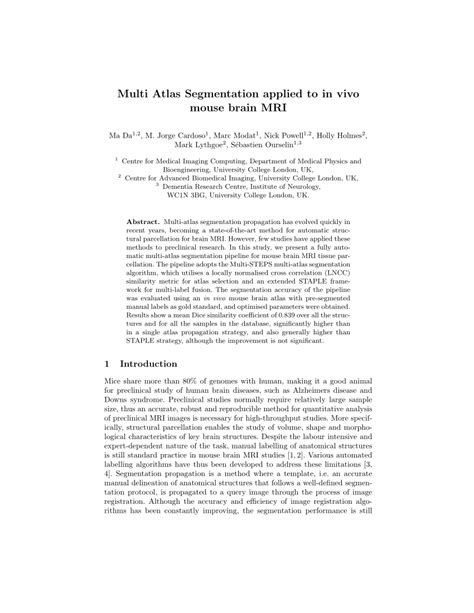 PDF Multi Atlas Segmentation Applied To In Vivo Mouse Brain MRI