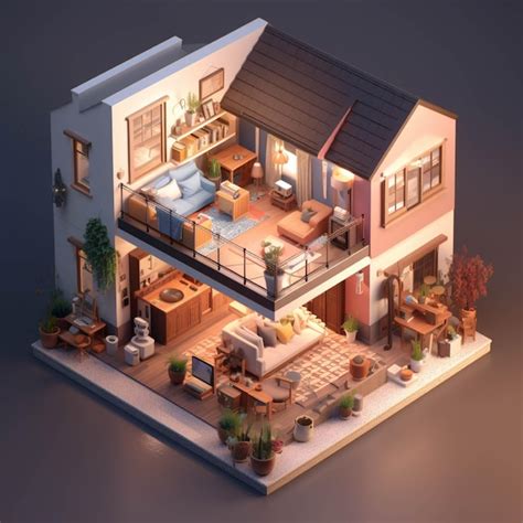 部屋の等角投影図 3d イラストのインテリア プレミアム写真