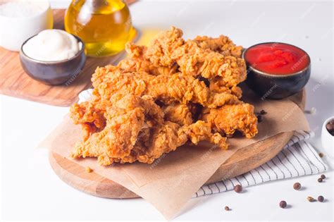 소스를 곁들인 바삭한 닭가슴살 스트립 프리미엄 사진