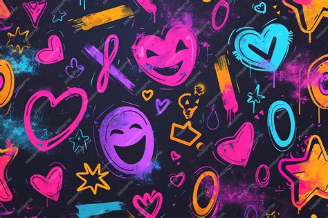 네온 컬러 그래피티 스프레이 패턴의 세트 기호 컬렉션 심장 왕관 천둥 악마 두개골 화살 스프레이 텍스처와 함께 배너 장식