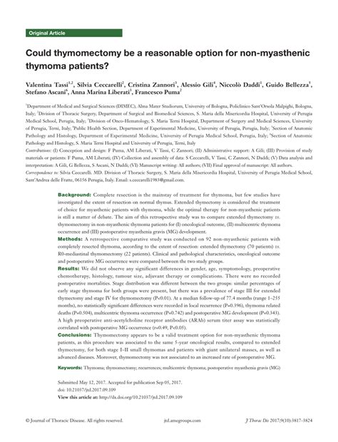 Pdf Could Thymomectomy Be A Reasonable Option For Non Myasthenic