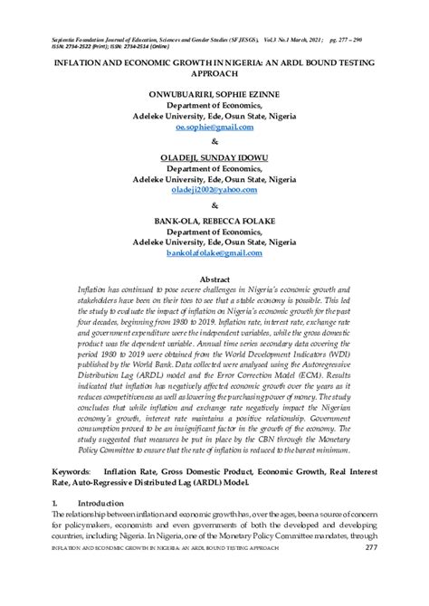 Pdf Inflation And Economic Growth In Nigeria An Ardl Bound Testing Approach