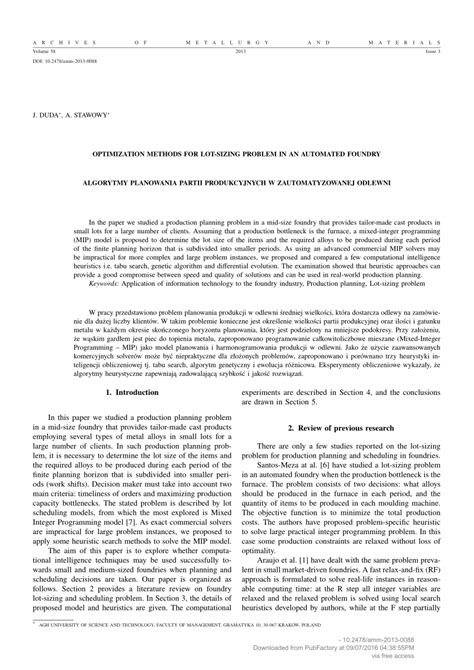 Pdf Optimization Methods For Lot Sizing Problem In An Automated Foundry