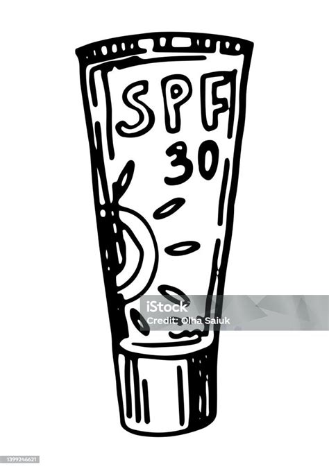 튜브 선크림 스케치 클립 아트 해변 여름 레저 휴가 액세서리 낙서는 흰색에 고립되어 있습니다 조각 스타일로 손으로 그린 벡터 일러스트레이션 건강한 생활방식에 대한 스톡 벡터