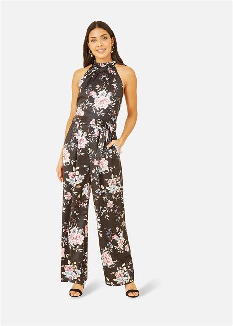 Yumi Black Floral Satin Halter Neck Jumpsuit Matalan