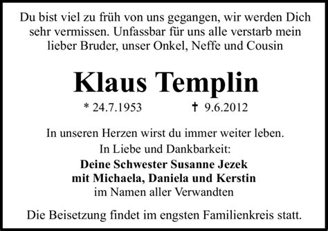 Traueranzeigen Von Klaus Templin Trauer Nn De