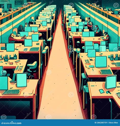 Computer Room With Rows Of Computers 3d Rendering 3d Illustration Stock Illustration