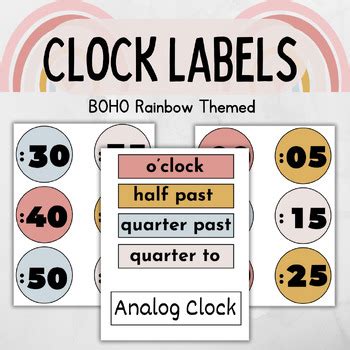 Clock Labels Boho Rainbow Theme Minute Intervals Telling Time Expressions