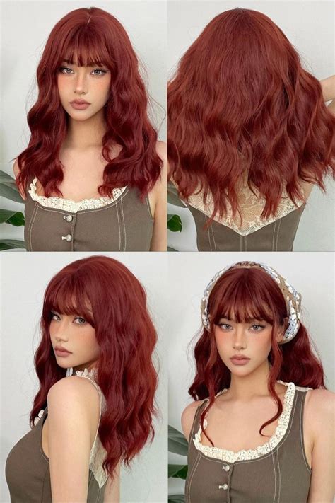 Womens Red Brown Full Bangs Long Natural Wavy Synthetic Party Club