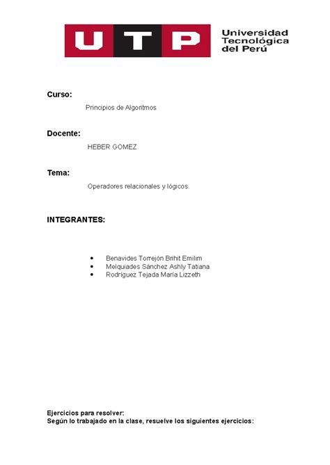 Algoritmo Semana Tarea Curso Principios De Algoritmos Docente HEBER GOMEZ Tema