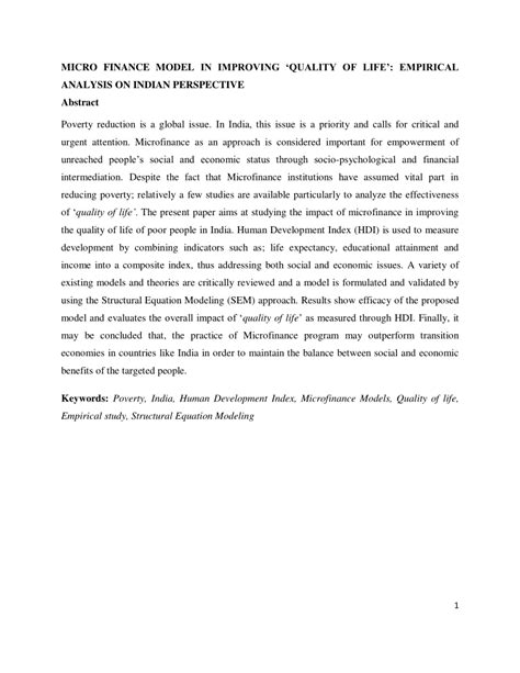 Pdf Microfinance Models In Improving Quality Of Life Empirical Analysis On Indian Perspective