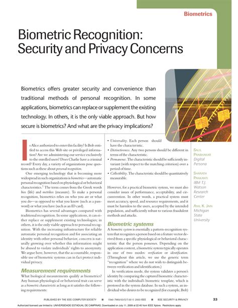 Pdf Biometric Recognition Security And Privacy Concerns