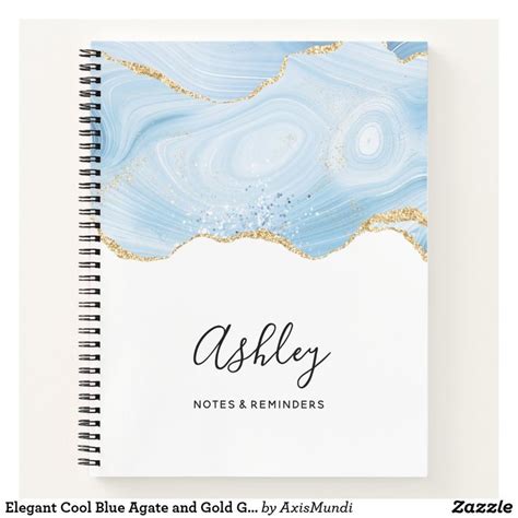 Elegant Cool Blue Agate And Gold Glitter Ribbon Notebook Zazzle