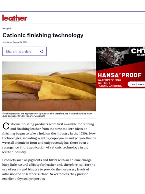 Cationic Finishing Technology Leather International Pdf Leather Ion