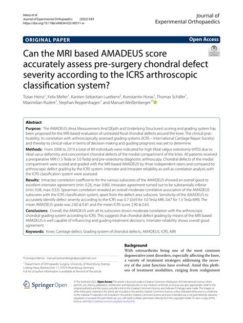 Pdf Can The Mri Based Amadeus Score Accurately Assess Pre Surgery Chondral Defect Severity