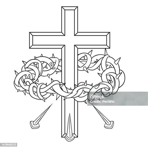 십자가 색칠을 위한 윤곽선에 가시와 손톱의 면류관 벡터 일러스트레이션 못에 대한 스톡 벡터 아트 및 기타 이미지 못 십자가 수난 가시 Istock