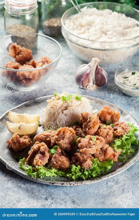 Crispy Chicken Karaage Served With Rice Stock Image Image Of