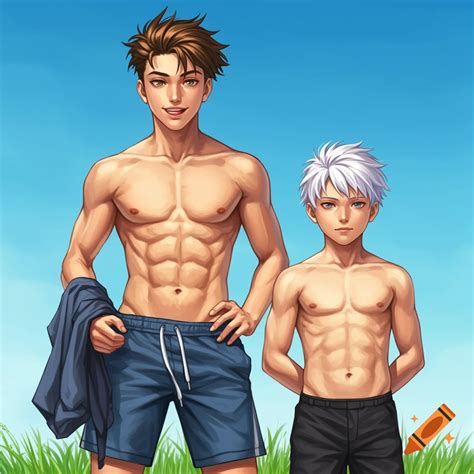 Anime Illustration Of Two Shirtless Young Men With Muscular Builds