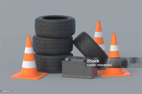 타이어 배터리 및 콘 자동차 서비스 자동차 부품 3d 렌더링 3차원 형태에 대한 스톡 사진 및 기타 이미지 3차원 형태 개인 장식품 공연 Istock