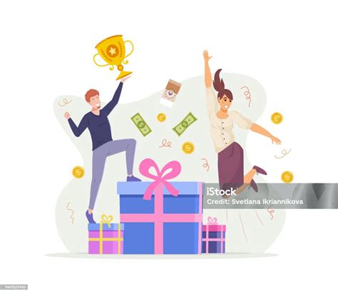 선물 상자 더미에 서서 보상을 받는 행복한 사람들 우승자 컵과 그들 주위에 날아 다니는 돈으로 승리를 축하하는 즐거운 커플 로열티 또는 보상 프로그램 캐쉬백 보너스 상에