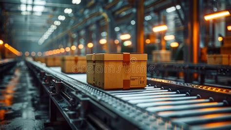 Cardboard Boxes On Conveyor Belt In Distribution Warehouse Generative Ai Stock Illustration