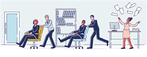 회사의 사무실 기업 문화의 개념 비즈니스 사람들은 사무실에서 재미를 캐릭터는 안락의자를 타고 문서를 던져 만화 선형 윤곽선 플랫 스타일입니다 벡터 일러스트레이션 개념에 대한