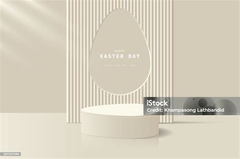 크림 3d 달걀 실린더 연단 받침대 현실적 또는 달걀 구멍 모양의 배경이 있는 쇼케이스용 무대 모형 제품 프레젠테이션을 위한
