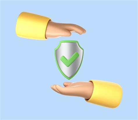 3 D 漫画手緑のチェック マーク アイコンでシールドを保護するセキュリティ保証安全プライバシー保険の概念ベクトル 3 D イラスト