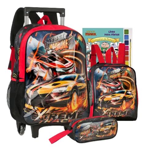 Kit Mochila Rodinha Escolar Infantil Fast Machine Aquarela Frete Gr Tis
