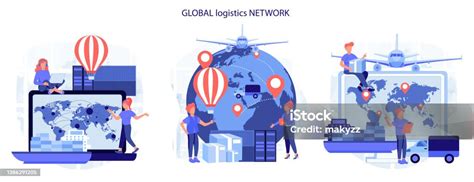 글로벌 물류 네트워크 수출 수입 창고 사업 운송 비즈니스 물류 정시 배송 현대 플랫 만화 스타일 장면의 벡터 일러스트 컬렉션 트럭에 대한 스톡 벡터 아트 및 기타 이미지