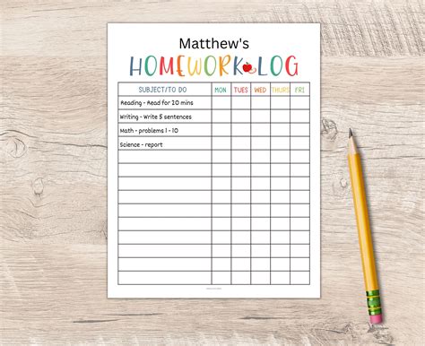Printable Homework Log